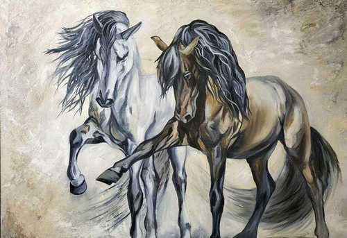 Картина лошади "В паре" маслом на холсте