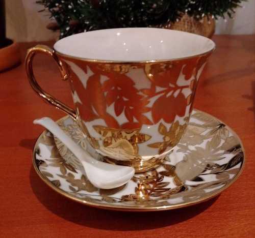 Чайные пары с ложечкой, 2 шт., новые, Pearl