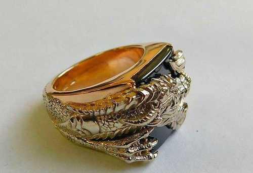 Золотое кольцо Дракон на обсидиане, золото 585