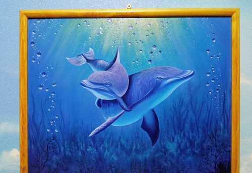Картина маслом "Влюбленные дельфины" ручная работа