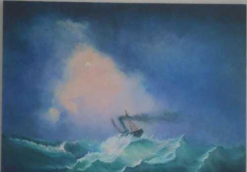 Картина маслом на холсте "Корабль в бурю"