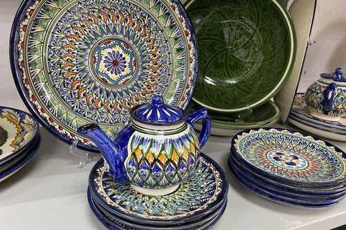 Узбекская посуда + ляган + тарелка + пиалы риштан