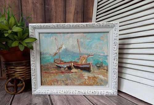 Картина лодки, рыбаки, картина маслом 20х25