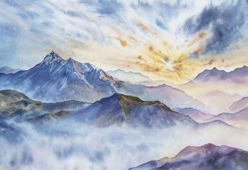 Картина акварелью горы "Рассвет в горах"