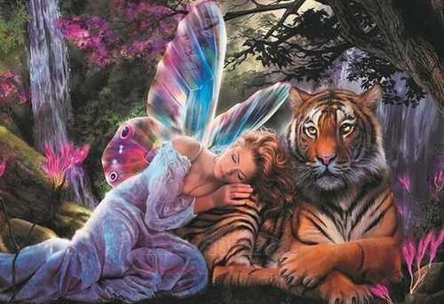 Алмазная мозаика 40x50 Девушка фея и большой тигр