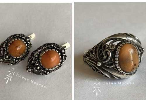 Винтаж: серьги кольцо коралл серебро