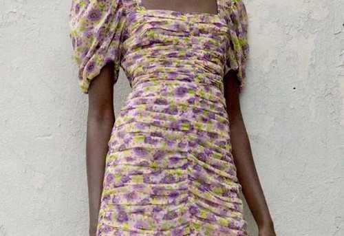 Zara платье со сборками цветочный принт 46
