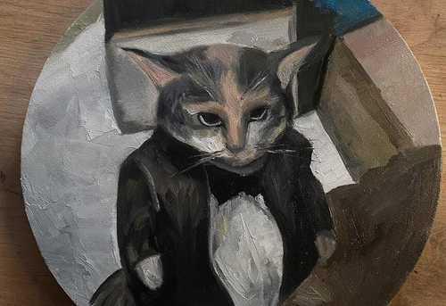 Картина маслом на круглом холсте Кот в костюме