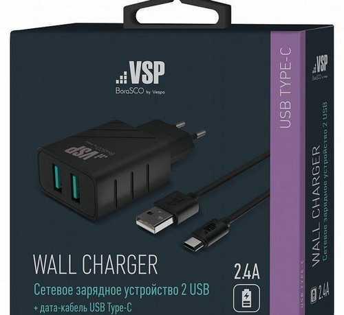 Сзу адаптер 2 USB 2.4A + Дата-кабель Type-C 2А (10