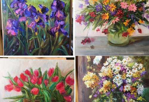 Натюрморты с цветами: ирисы, полевые, тюльпаны