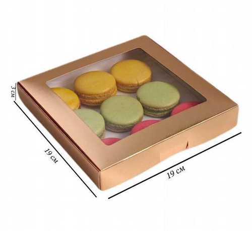 Коробка для десертов с окном, Золото 19х19х3 см