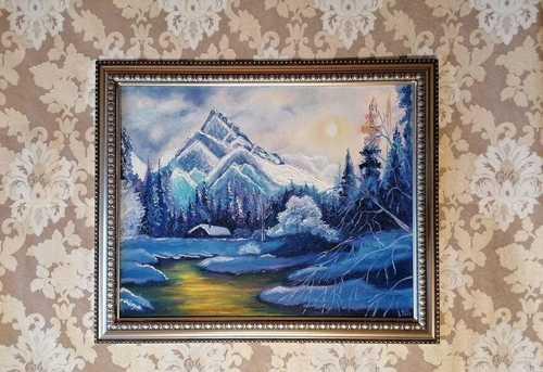 Картина маслом зимний пейзаж Зима в горах (горный