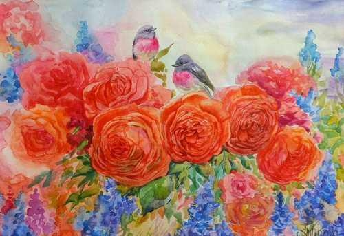 Картина розы Птицы акварелью Розы акварелью