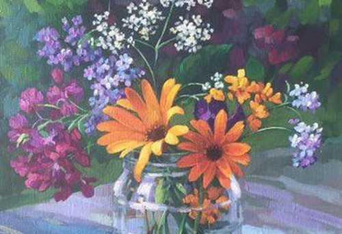 Картина маслом полевые цветы в банке