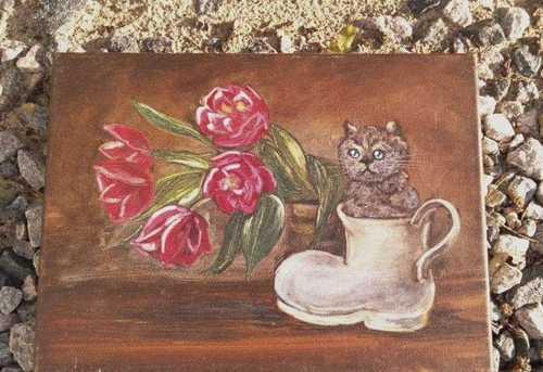 Картина "Котик с тюльпанами"