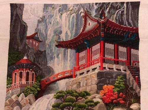 Картина вышитая крестом, "Водопад и пагода"