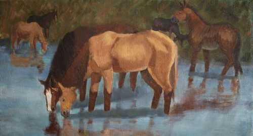 Картина маслом интерьерная "Лошади на водопое"