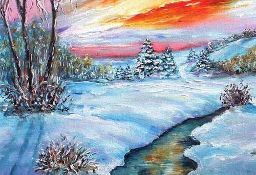 Зимний пейзаж Картина с рекой Закат