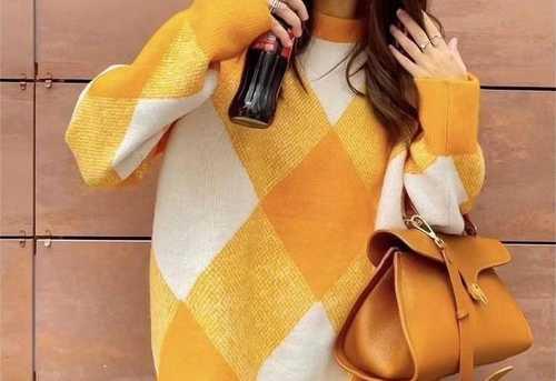 Свитер джемпер zara зара желтый оранжевый ромбы