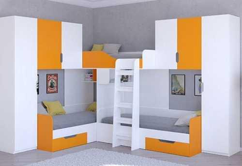 Трехместная кровать трио/3 Белый/Оранжевый