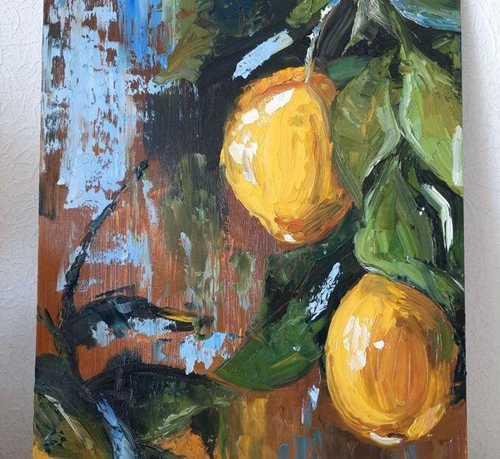 Картина интерьерная маслом на холсте лимоны в раме