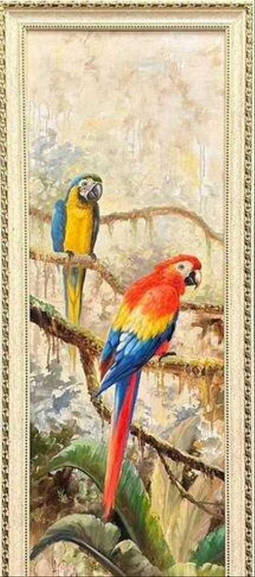 Картина маслом, птицы "Попугаи" 120х40