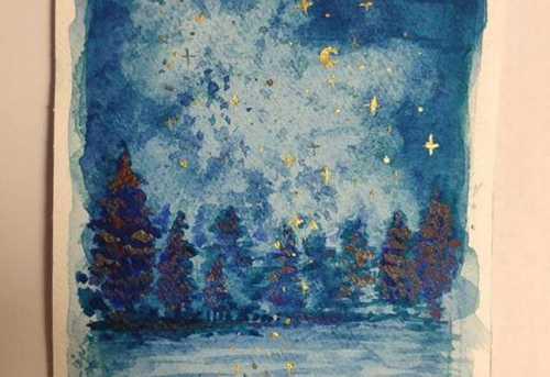 Акварельная открытка "Лесной пруд и звезды"
