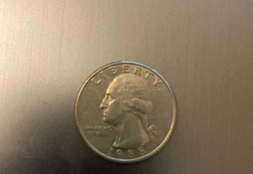 Монета liberty quarter dollar 1988