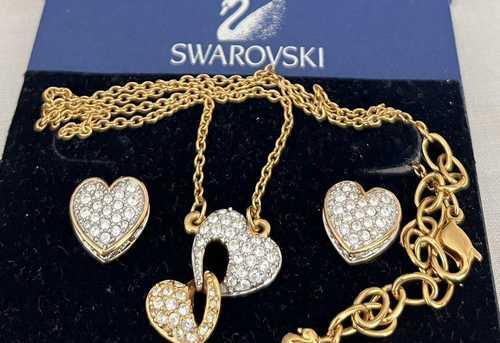 Swarovski колье+серьги сердечки оригинал позолочен