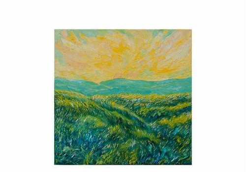 Картина маслом Луг и Солнце Пейзаж 60 х 60 см