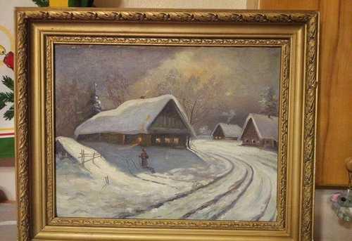 Картина маслом "Зима в деревне", 50-60г