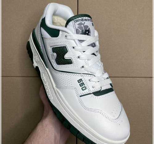 Кроссовки New Balance 550 с мехом (бело-зеленые)