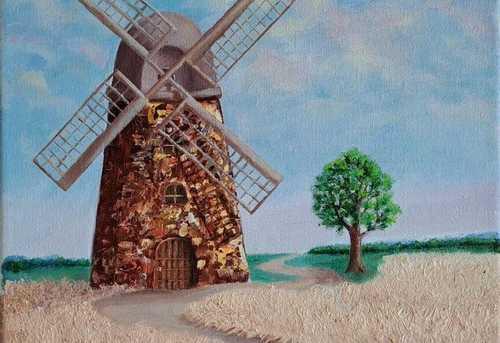 Картина маслом на холсте с мельница в поле