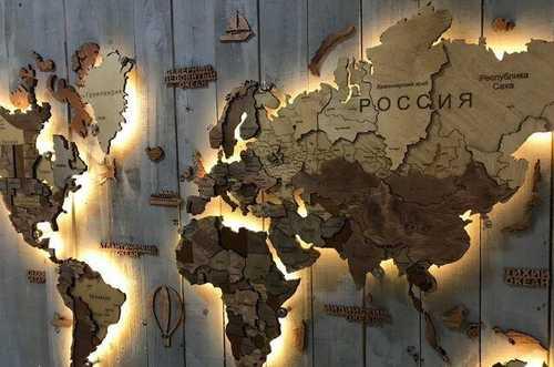 Панно из дерева, карта мира с подсветкой