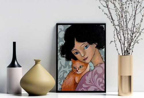 Картина с котиком и девушкой с орнаментами