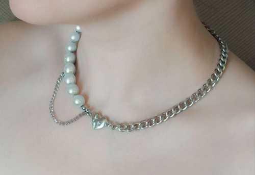 Ожерелье цепочка с жемчугом и сердечком