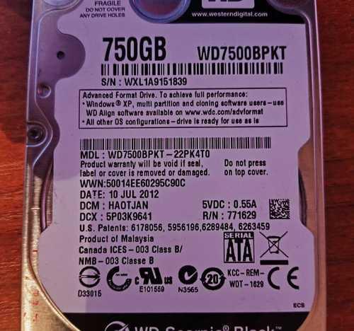 Жесткий Диск Western Digital Scorpio Black 750Gb