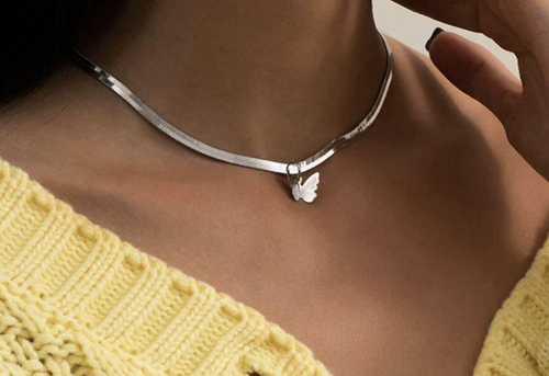 Женское ожерелье "Бабочка" цепь серебристый снейк