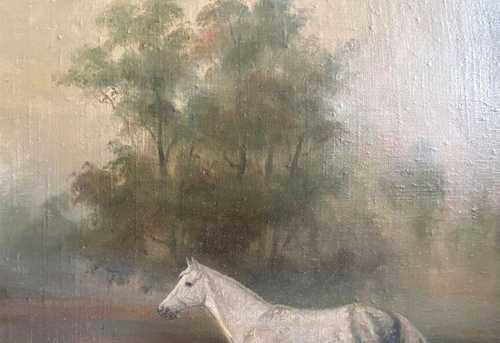 Картина маслом, "Лошадь в тумане" холст, 60 на 90