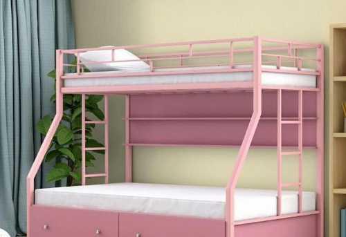 Двухъярусная Кровать с ящиками и полкой Розовая