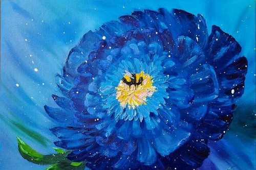 Яркая картина маслом "Синий цветок", 30х40