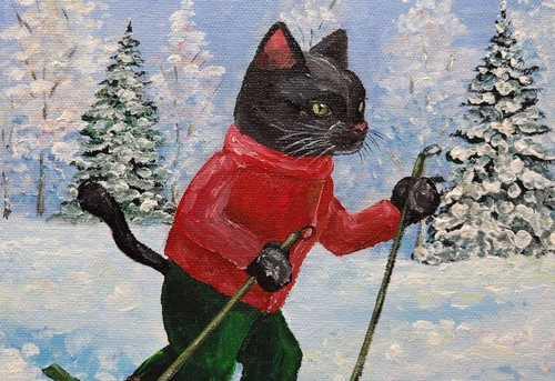 Картина Кот на лыжах
