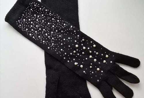 Перчатки удлиненные женские чёрные со стразами