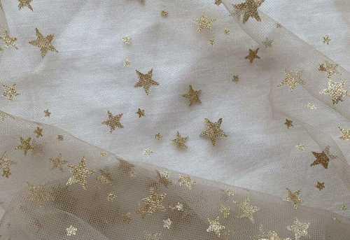 Сетка ткань со звездами золото