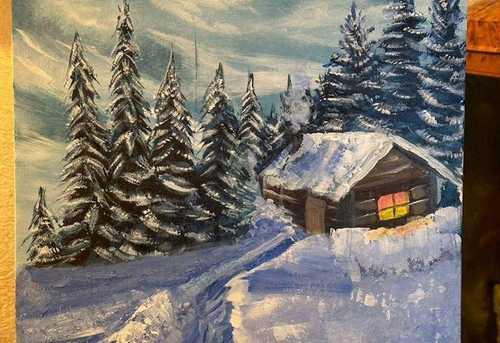 Картина "Дом в зимнем лесу"