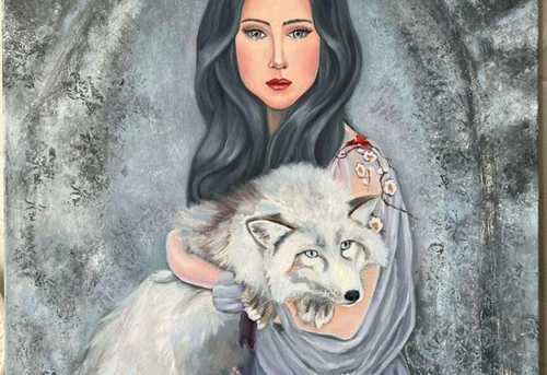 Картина маслом Девушка с волком, холст 60х50 см