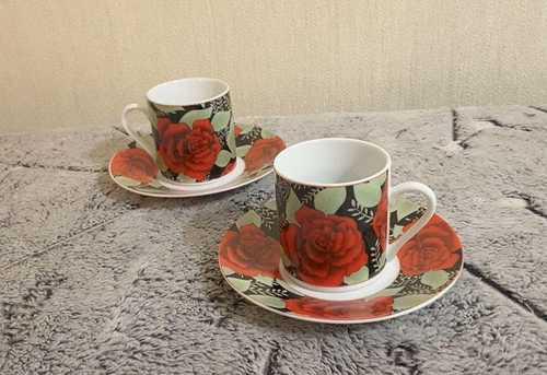 Кофейные чашки с блюдцами "Розы", керамика, 2шт