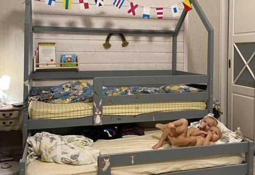 Детская выдвижная кровать в форме домика для 2х де