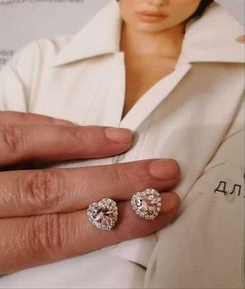 Серьги пуссеты, сердце, розовые
