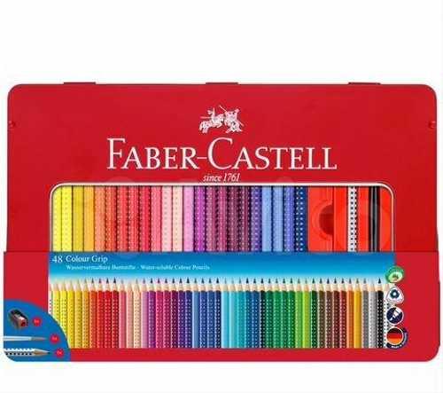 Карандаши цветные Faber-Castell "Grip", 48 цветов, трехгранные, заточенные, металлическая упаковка, с кистью, 1 чернографитный карандашом, точилкой (1